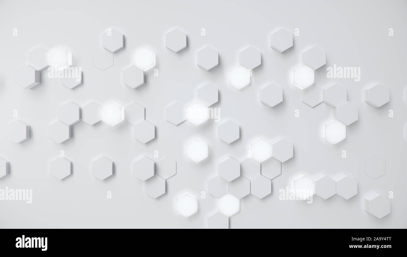 White geometric hexagonal abstract background. Surface polygon pattern with glowing hexagons ...