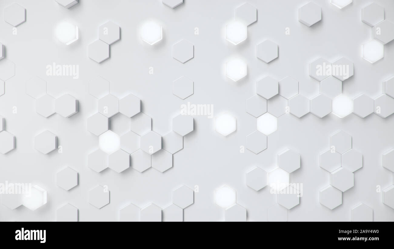 White geometric hexagonal abstract background. Surface polygon pattern with glowing hexagons ...