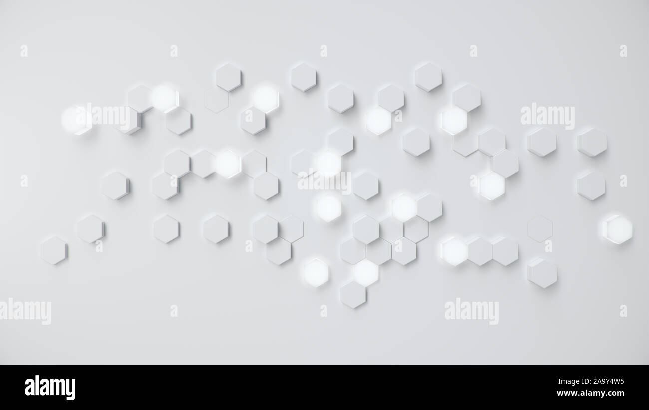 White geometric hexagonal abstract background. Surface polygon pattern with glowing hexagons ...