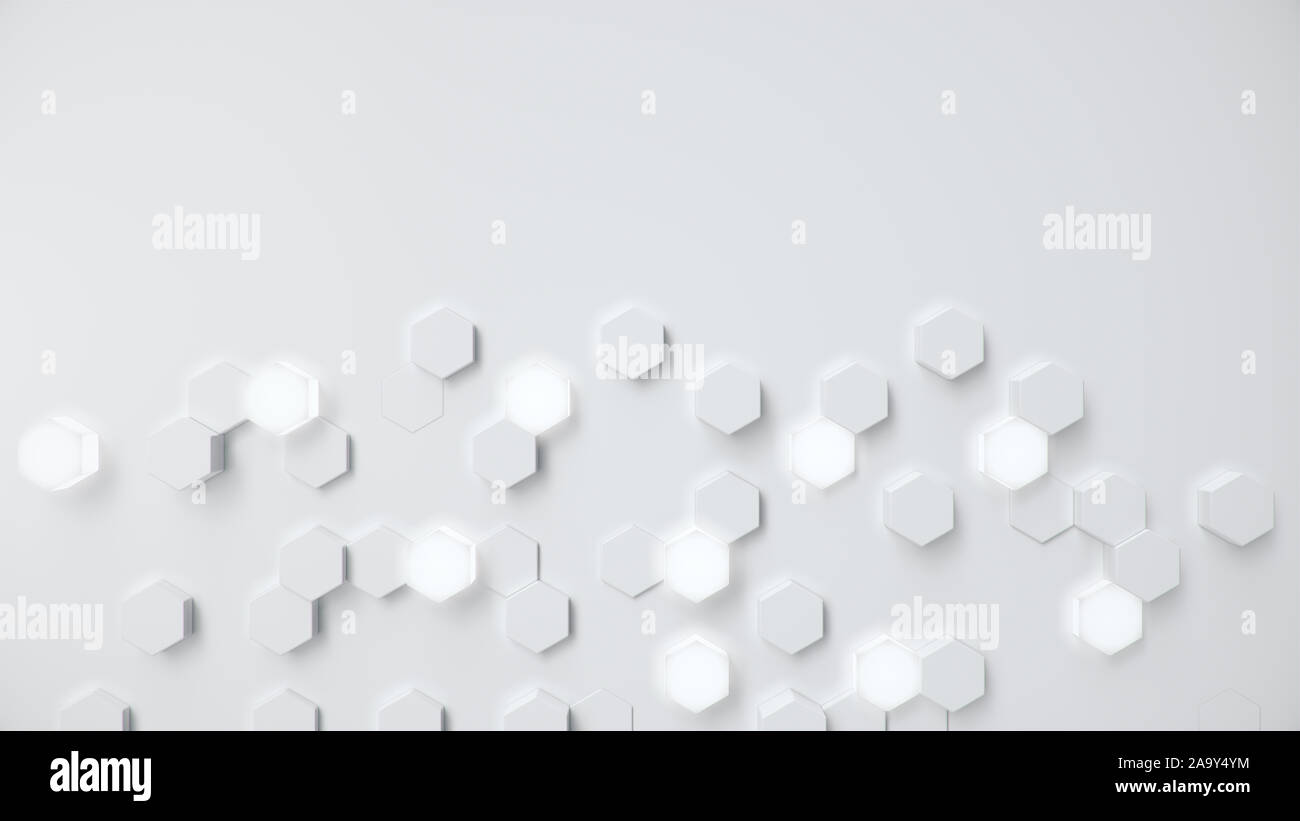 White geometric hexagonal abstract background. Surface polygon pattern with glowing hexagons ...