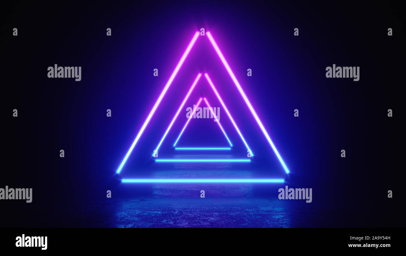 3d render illustration of glowing triangle lines, neon lights, abstract ...