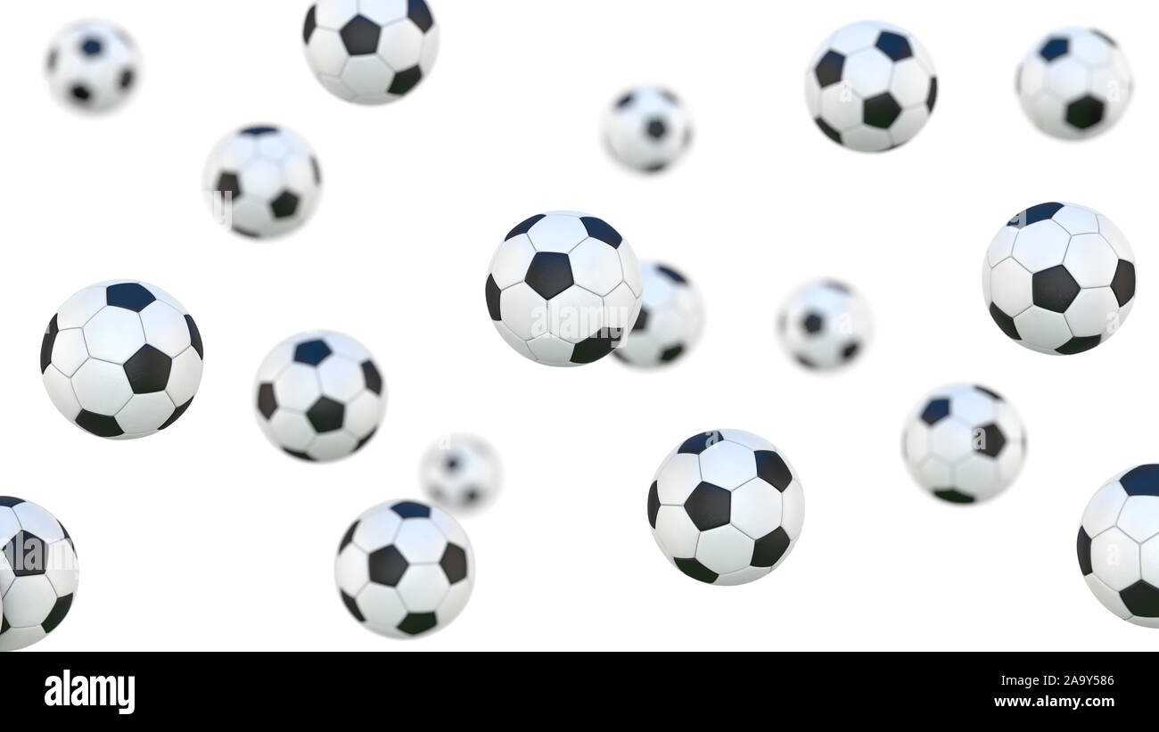 Falling isolated football soccer balls. Close-up and depth of field. 3d ...