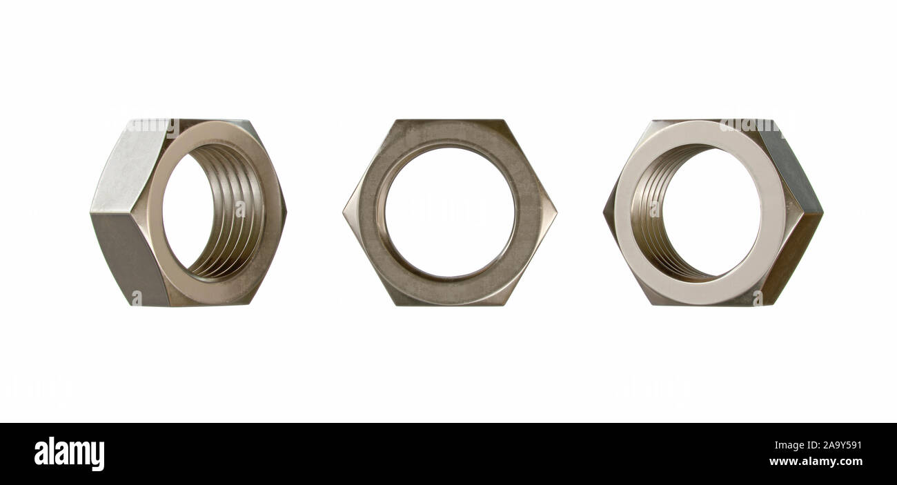 Metal nut closeup isolated on white background. Chromed steel screw nut ...