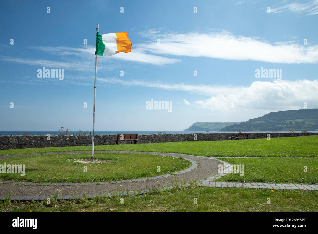 Irish flag flying in Carnlough, a village in County Antrim, Northern ...