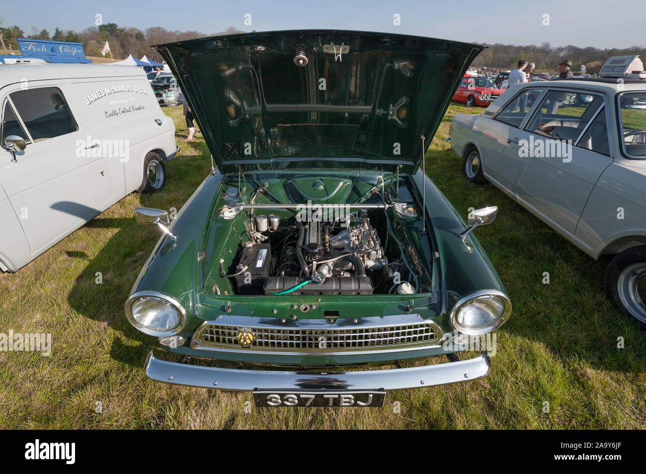 Engine bay of a classic British Ford Cortina MK1 at a meeting of ...
