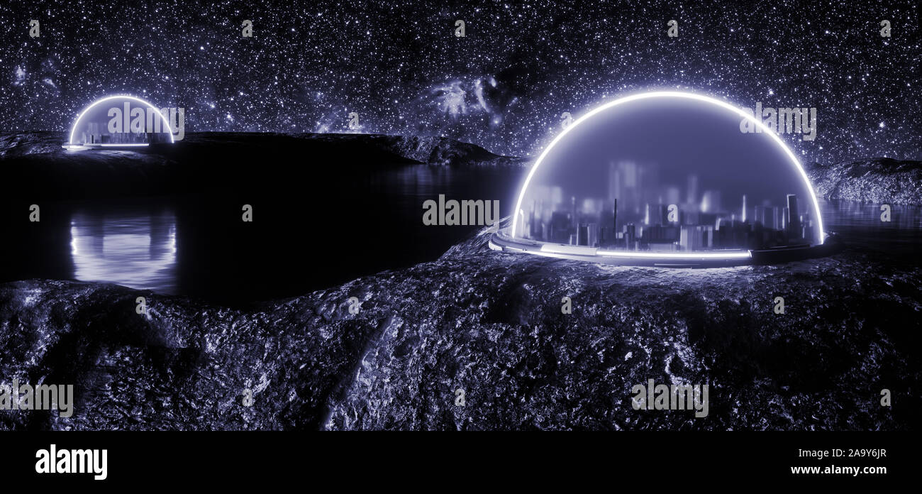 Illustration of abstract encapsulated futuristic cities on space, on ...