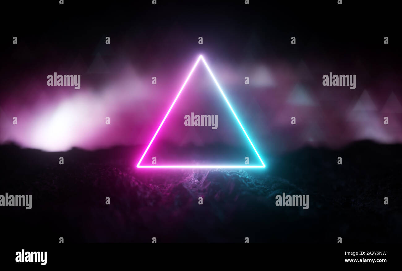 Futuristic retro neon triangular light glowing on rocky ground, large ...