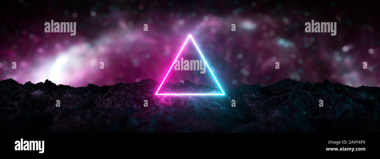 Futuristic retro neon triangular light glowing on rocky ground, large ...