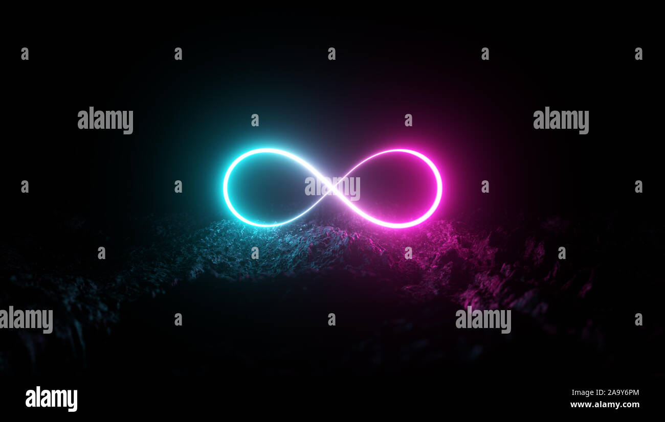 Futuristic retro Infinite sign neon light glowing on rocky ground, 3d ...