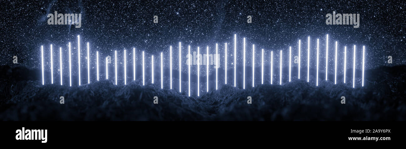 Futuristic retro neon lines light glowing on rocky ground, equalizer ...