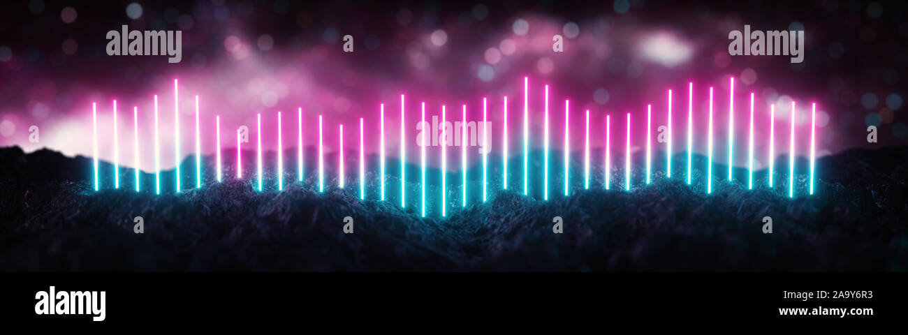 Futuristic retro neon lines light glowing on rocky ground, equalizer ...