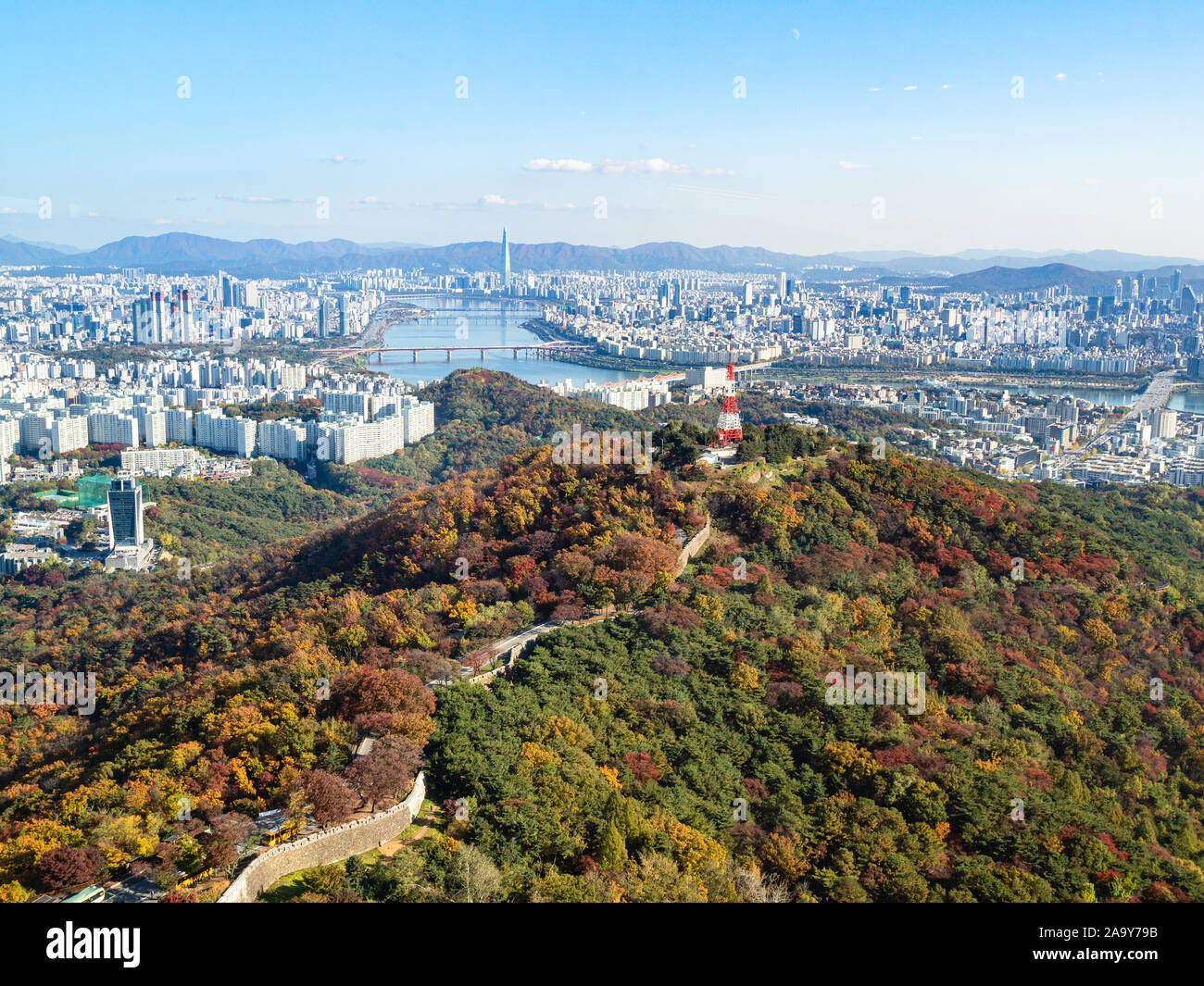 travel to South Korea - above view of city wall in Namsan park at Nam ...