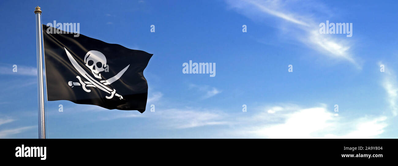 Flag of Pirate rise waving to the wind with sky in the background Stock ...
