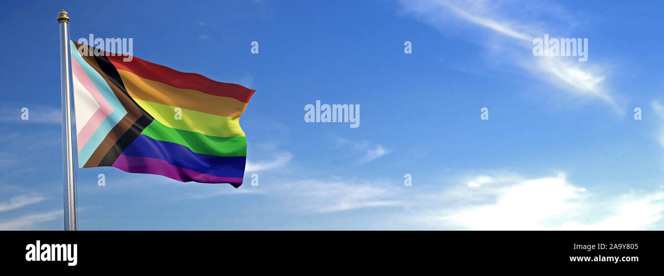 Flag of New LGBT rise waving to the wind with sky in the background ...