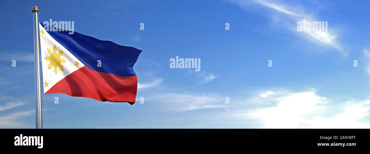 Flag of Philippines rise waving to the wind with sky in the background ...