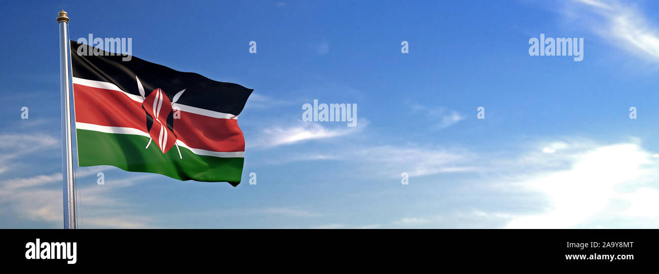Flag of Kenya rise waving to the wind with sky in the background Stock ...