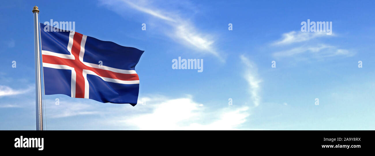 Flag of Iceland rise waving to the wind with sky in the background ...