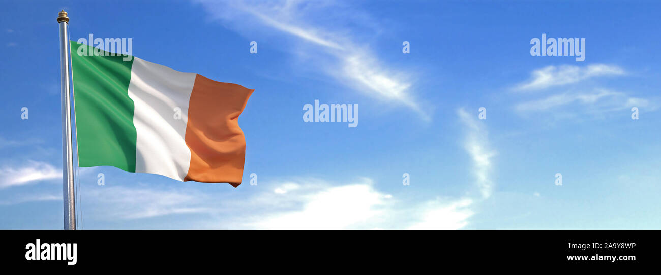 Flag of Ireland rise waving to the wind with sky in the background ...