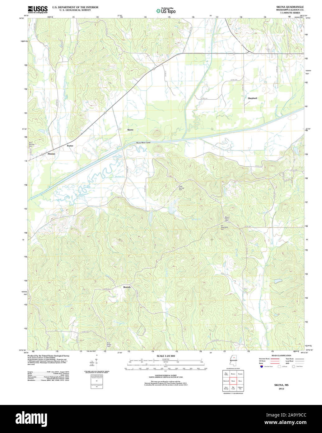 USGS TOPO Map Mississippi MS Skuna 20120402 TM Restoration Stock Photo ...