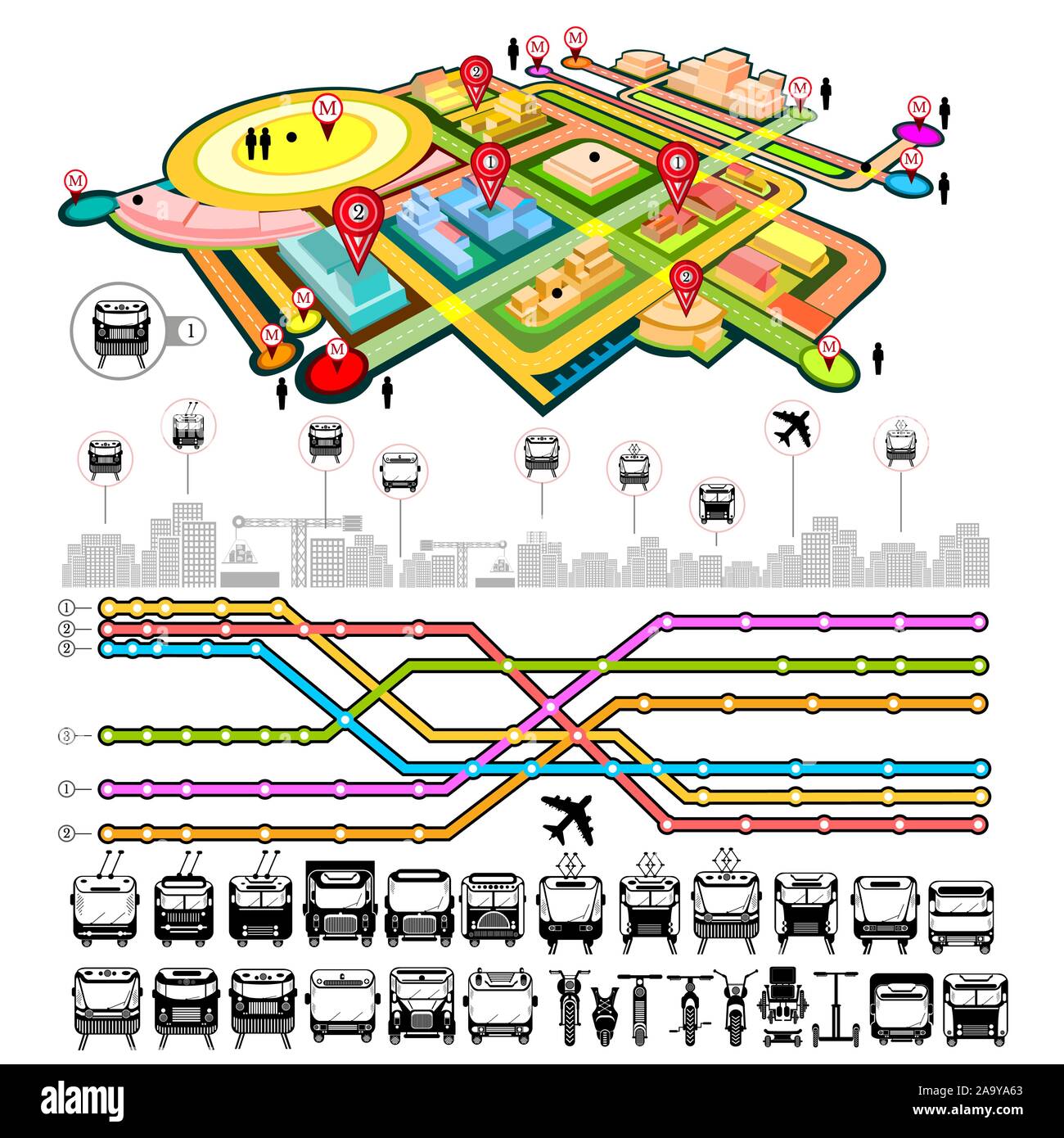 Transport info graphic with map of city, icons of transport and ...