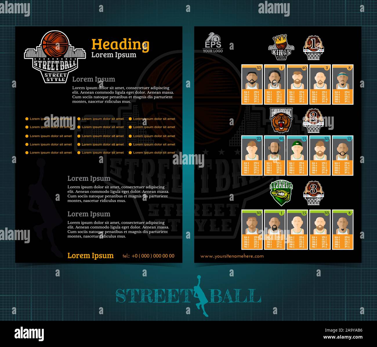 Two sided basketball brochure or flyer, streetball template design with ...