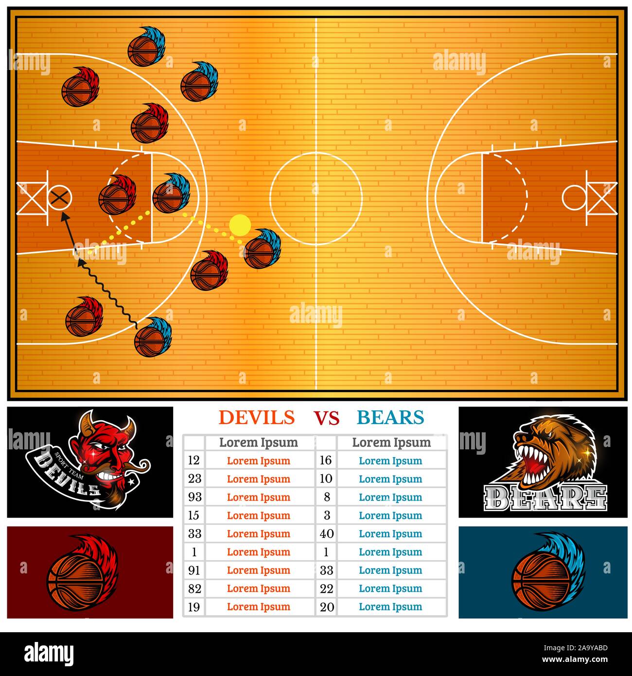 Two sided basketball brochure or flyer, template design with two team ...