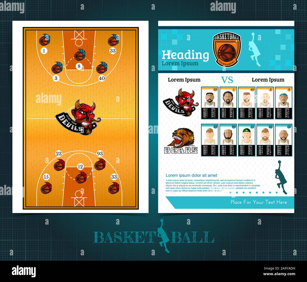 Two sided basketball brochure or flyer, template design with field ...