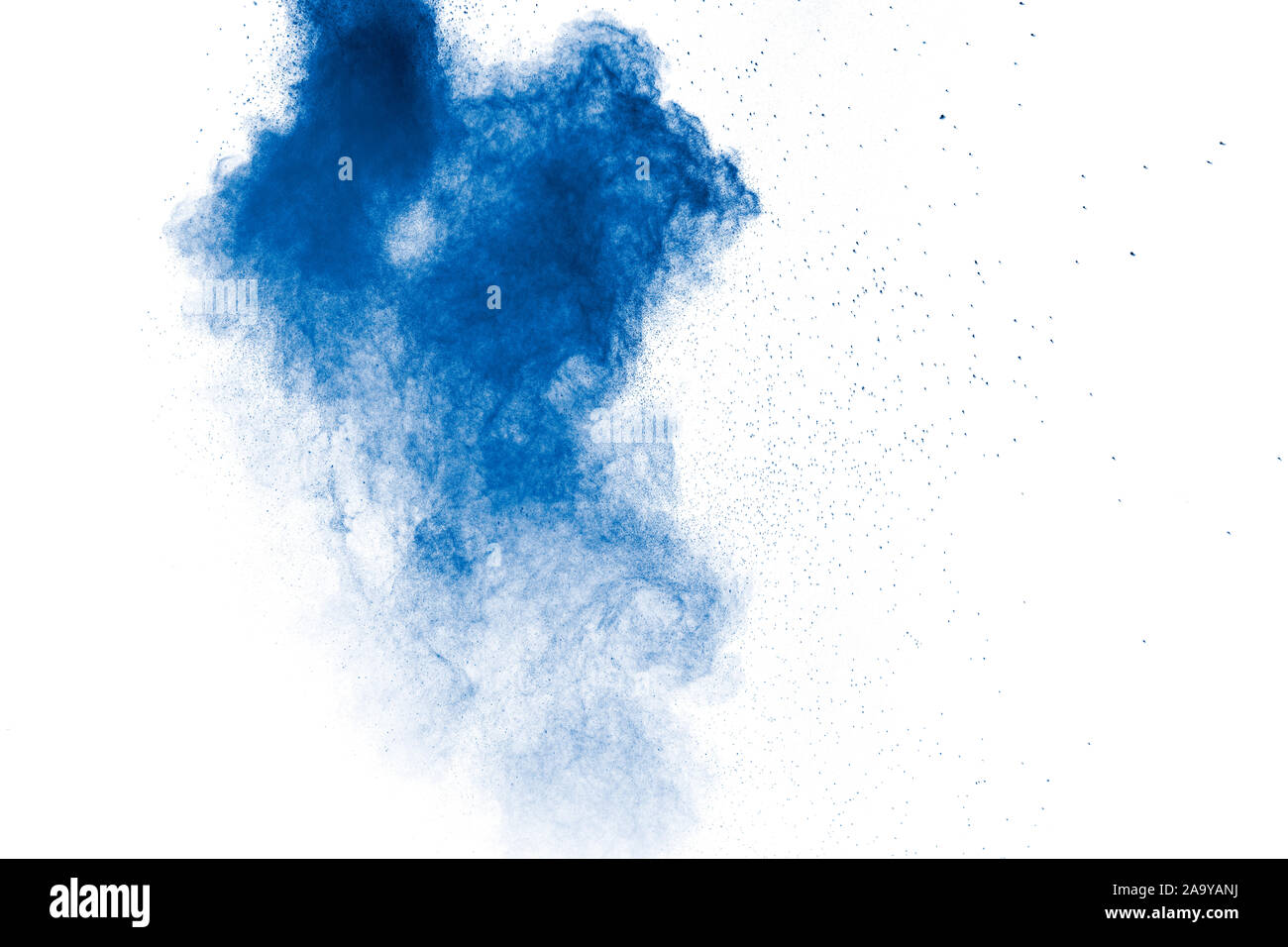 Bizarre forms of blue powder explode cloud on white background ...