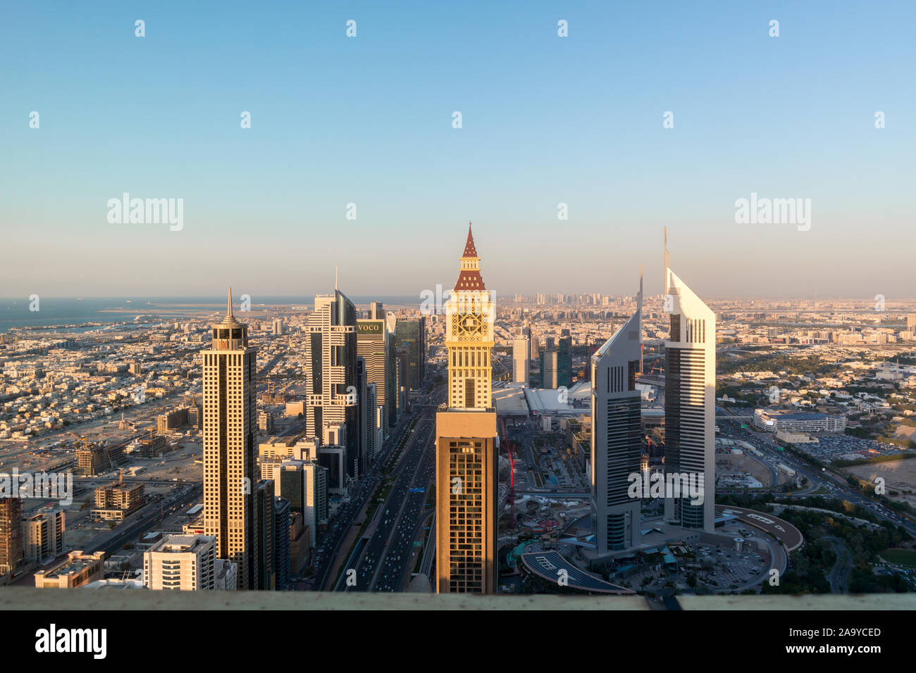 Aerial view of the iconic Sheikh Zayed road Skyscrapers and landmarks ...