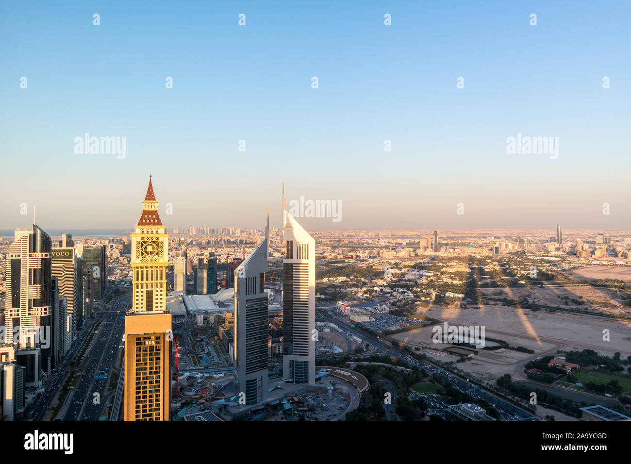 Aerial view of the iconic Sheikh Zayed road Skyscrapers and landmarks ...