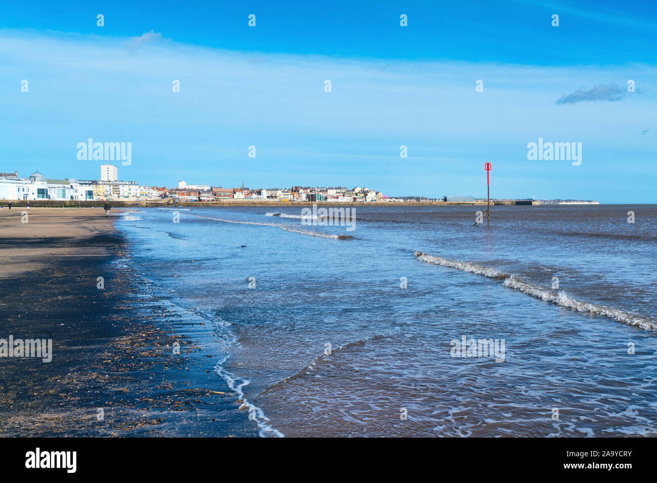 Bridlington Beach, pier, seascape, looking to harbour, East Riding ...