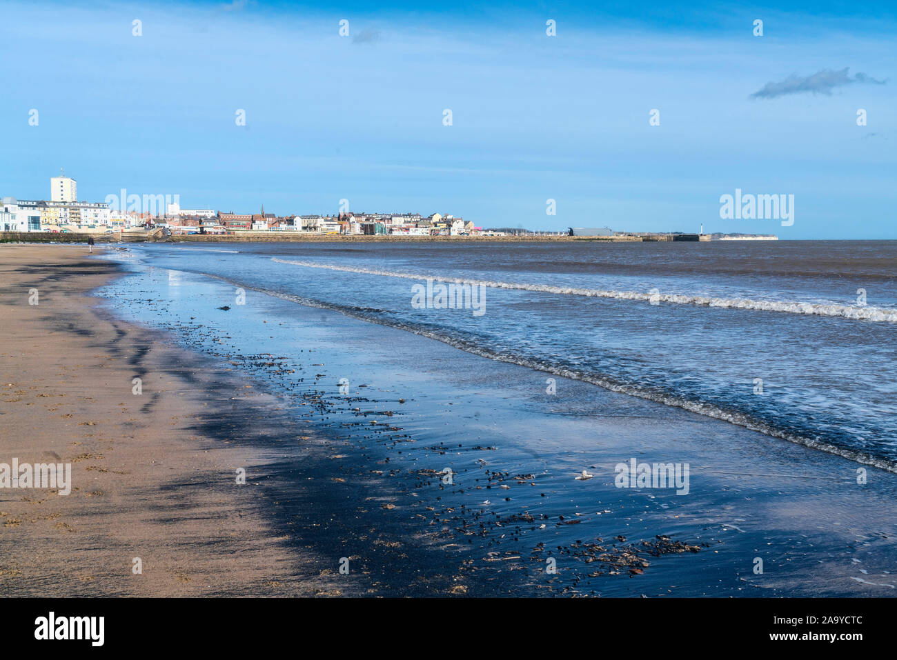 Bridlington Beach, pier, looking to harbour, East Riding, Yorkshire ...