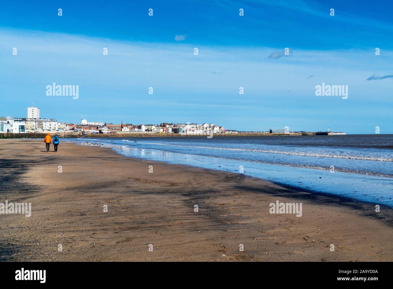 Bridlington Beach, pier, looking to harbour, East Riding, Yorkshire ...
