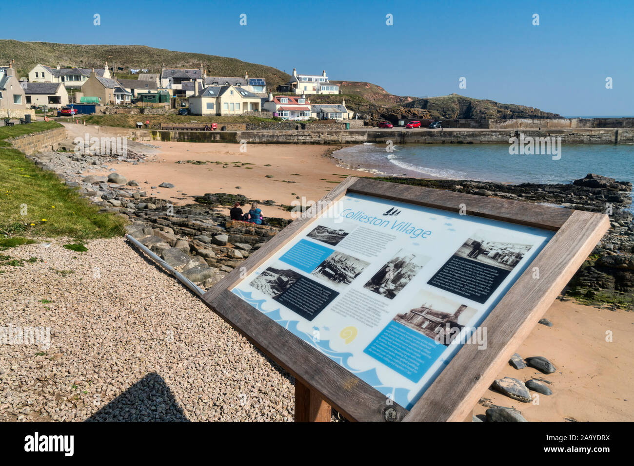 Collieston coastal village, harbour and beach, information plaque ...