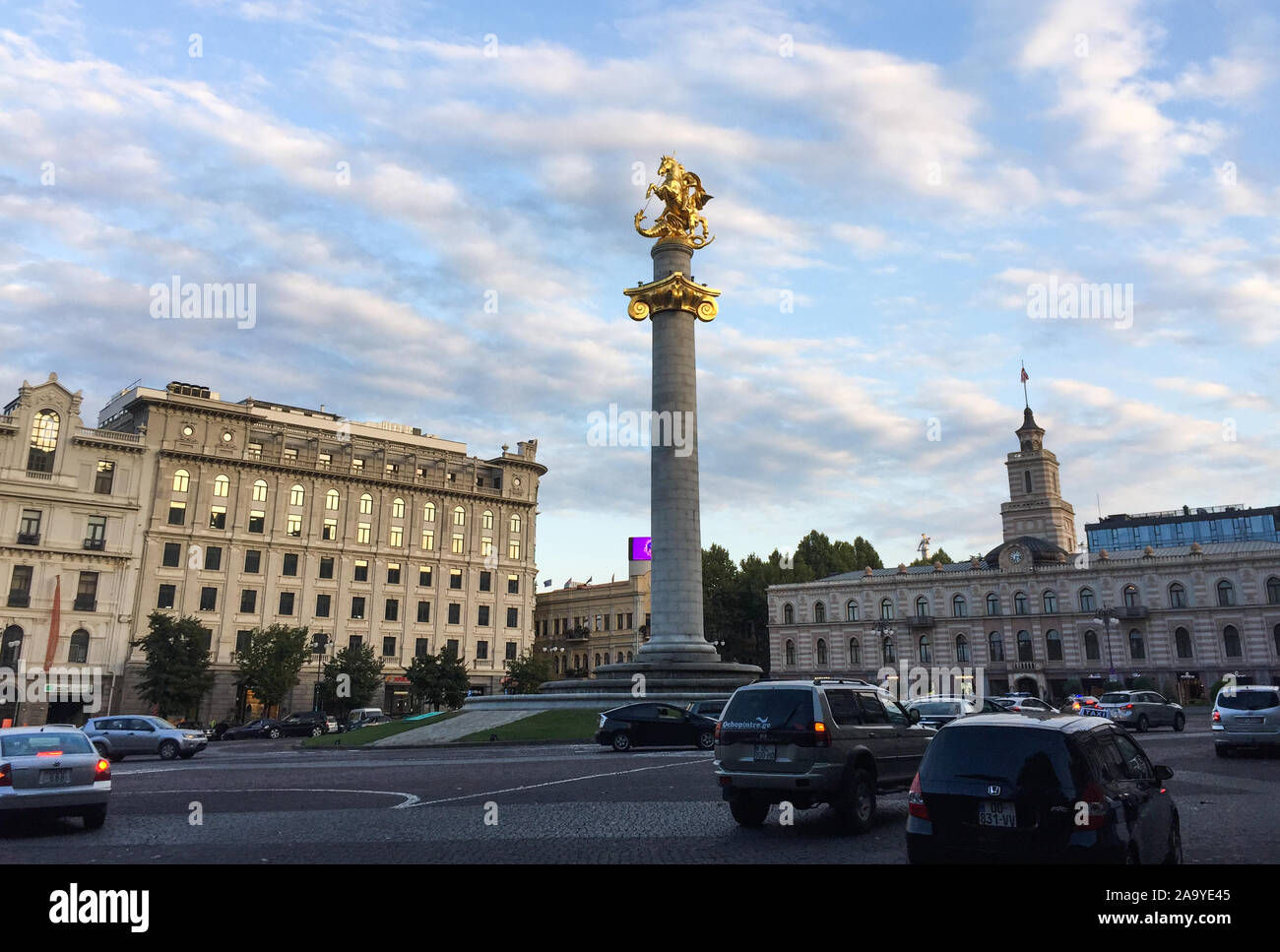Tbilisi, Georgia - Oct 2, 2018. Golden statue of St. George on the main ...