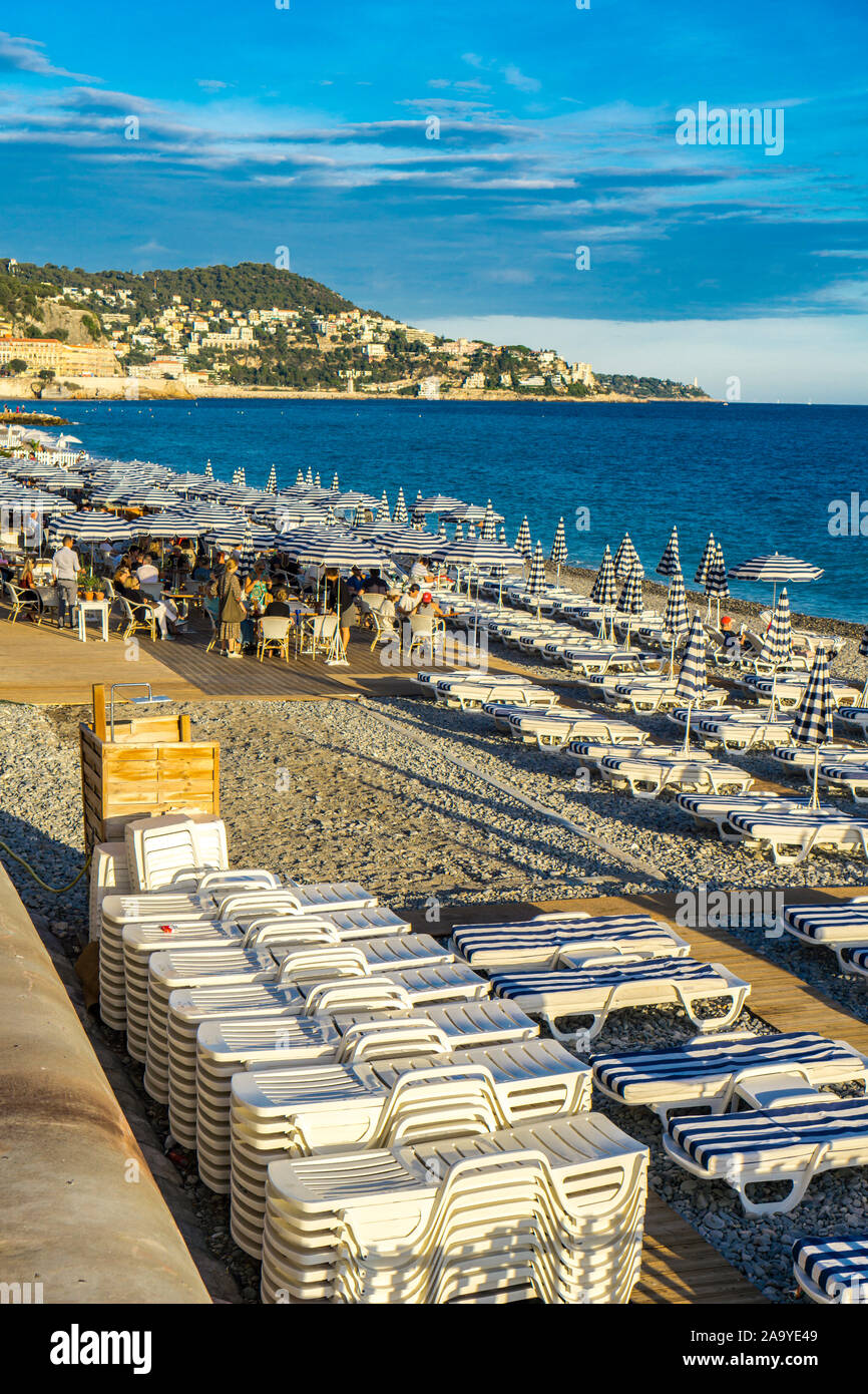 NICE, FRANCE - OCTOBER 6, 2019: Unidentified people on the beach at ...