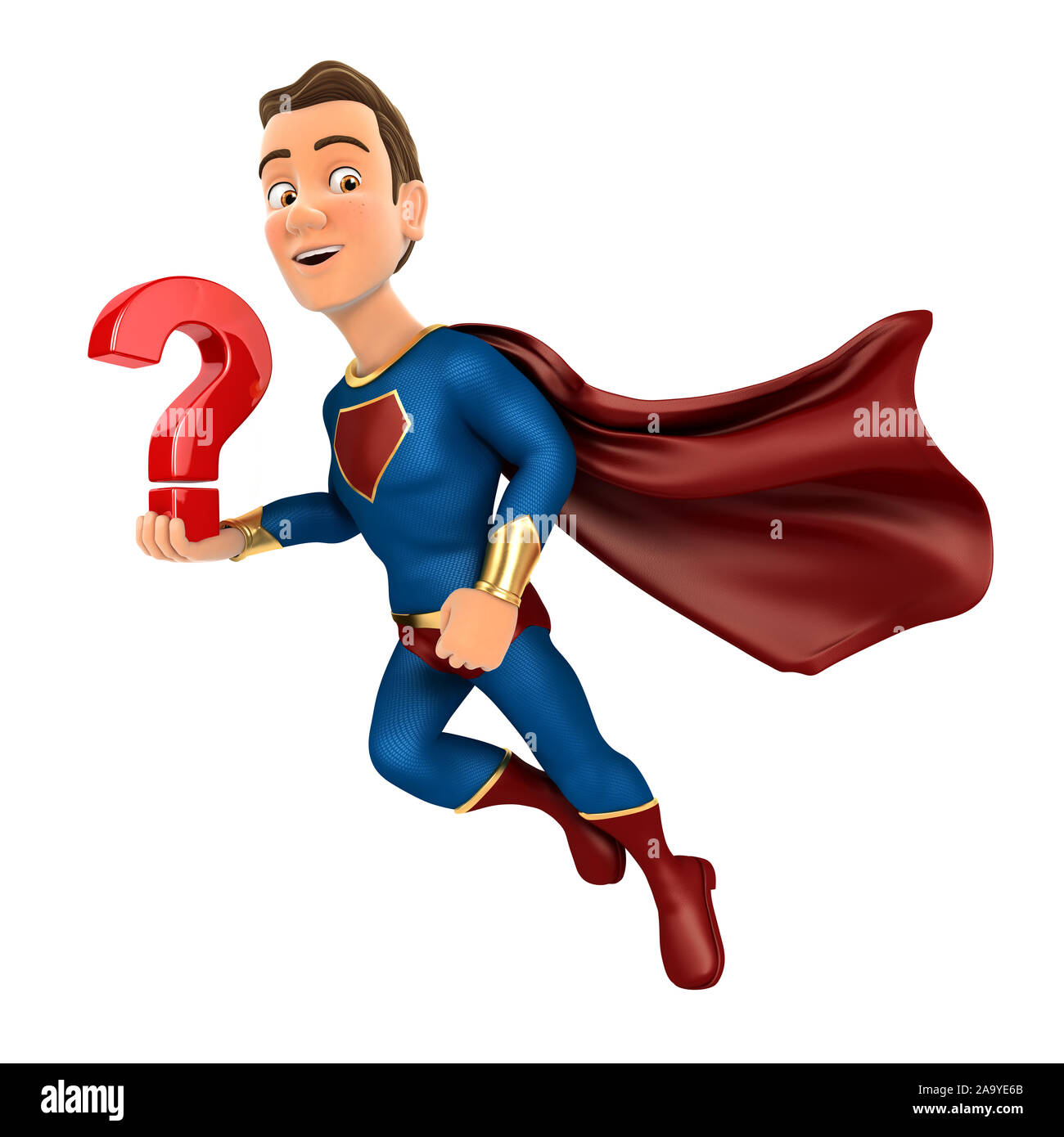 3d superhero flying and holding question mark, illustration with ...