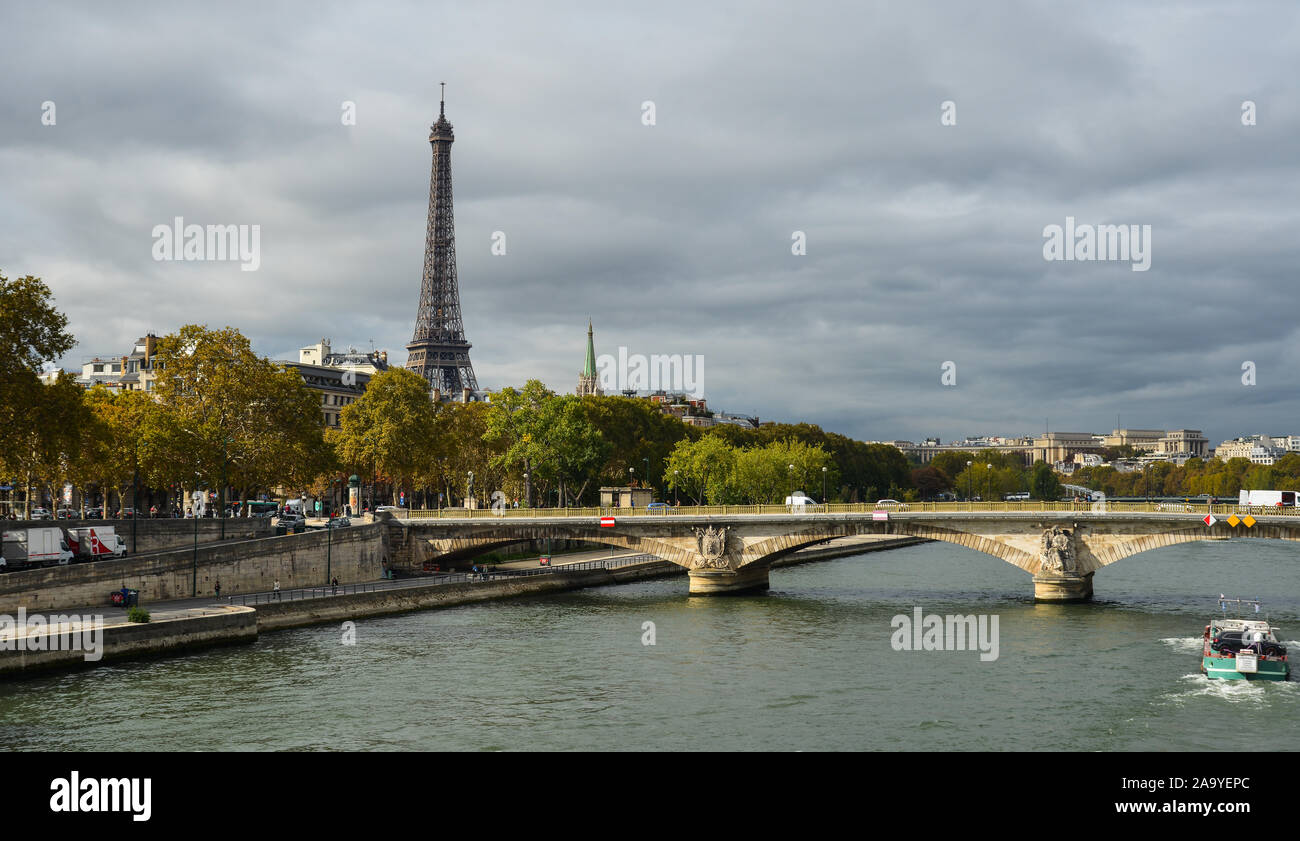 Paris, France - Oct 4, 2018. Historical architecture and River Seine in ...