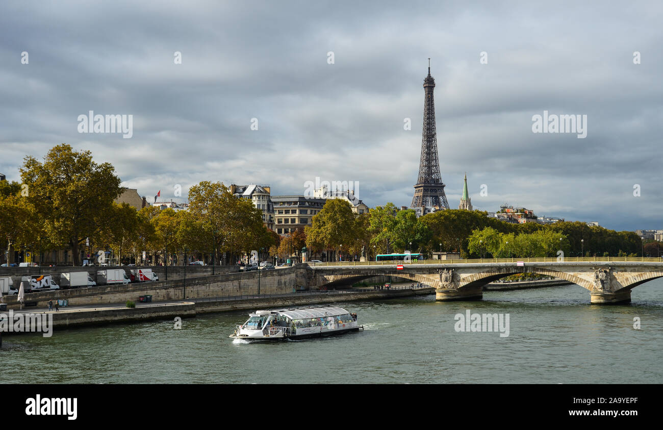 Paris, France - Oct 4, 2018. Historical architecture and River Seine in ...