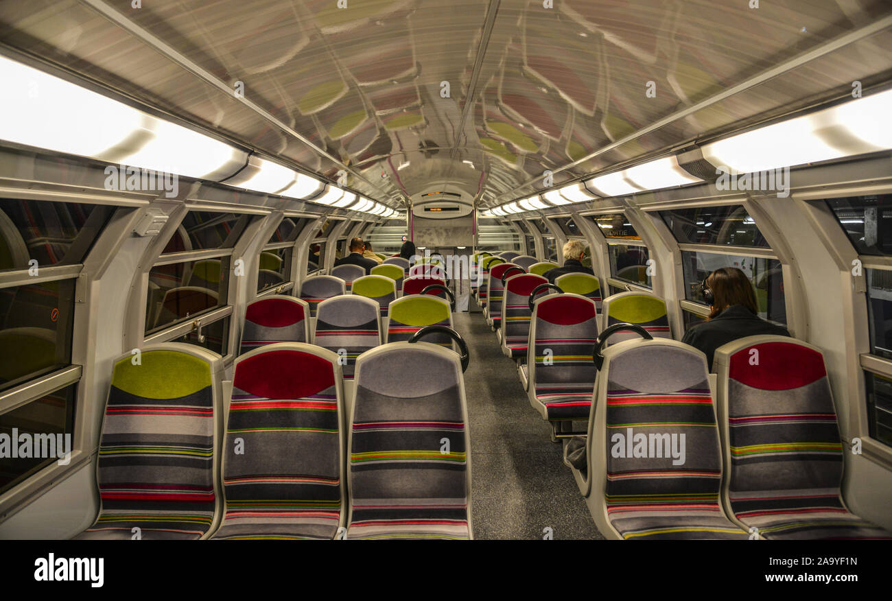 Paris, France - Oct 3, 2018. Interior of metro train in Paris, France ...