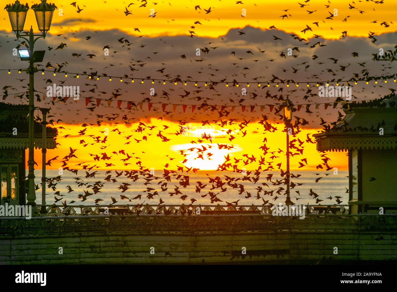 Blackpool, Lancashire. UK Weather. 18th Nov, 2019. Colourful sunset as ...