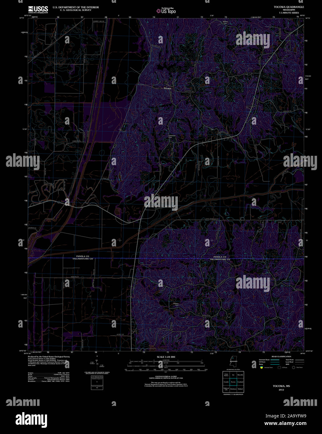 USGS TOPO Map Mississippi MS Tocowa 20120329 TM Inverted Restoration ...