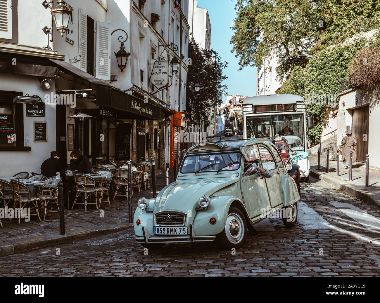 Paris, France - Oct 4, 2018. Vintage car on old street in Montmartre ...