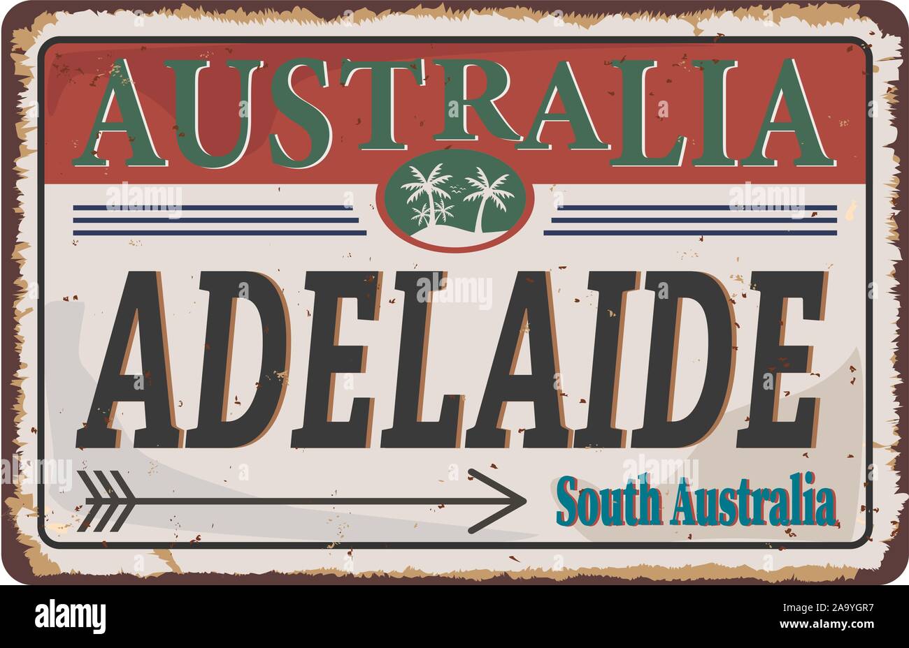 Adelaide Australia Travel rusted metal sign. Icon palm Design. Seal ...