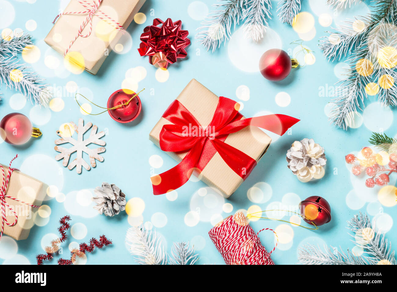 Christmas flat lay background with decorations on blue Stock Photo - Alamy