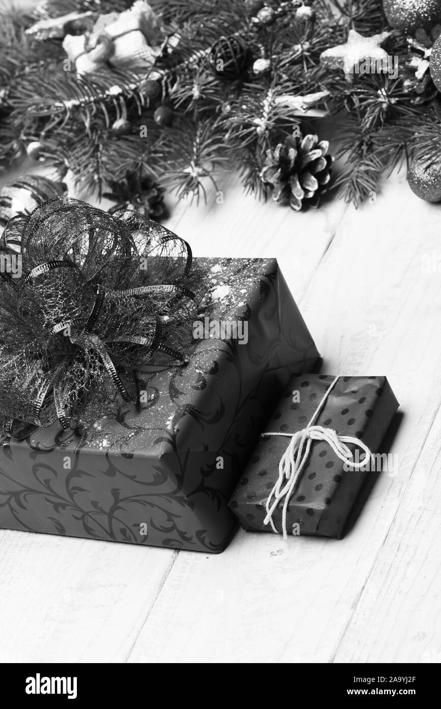 Present boxes bow on Black and White Stock Photos & Images - Alamy