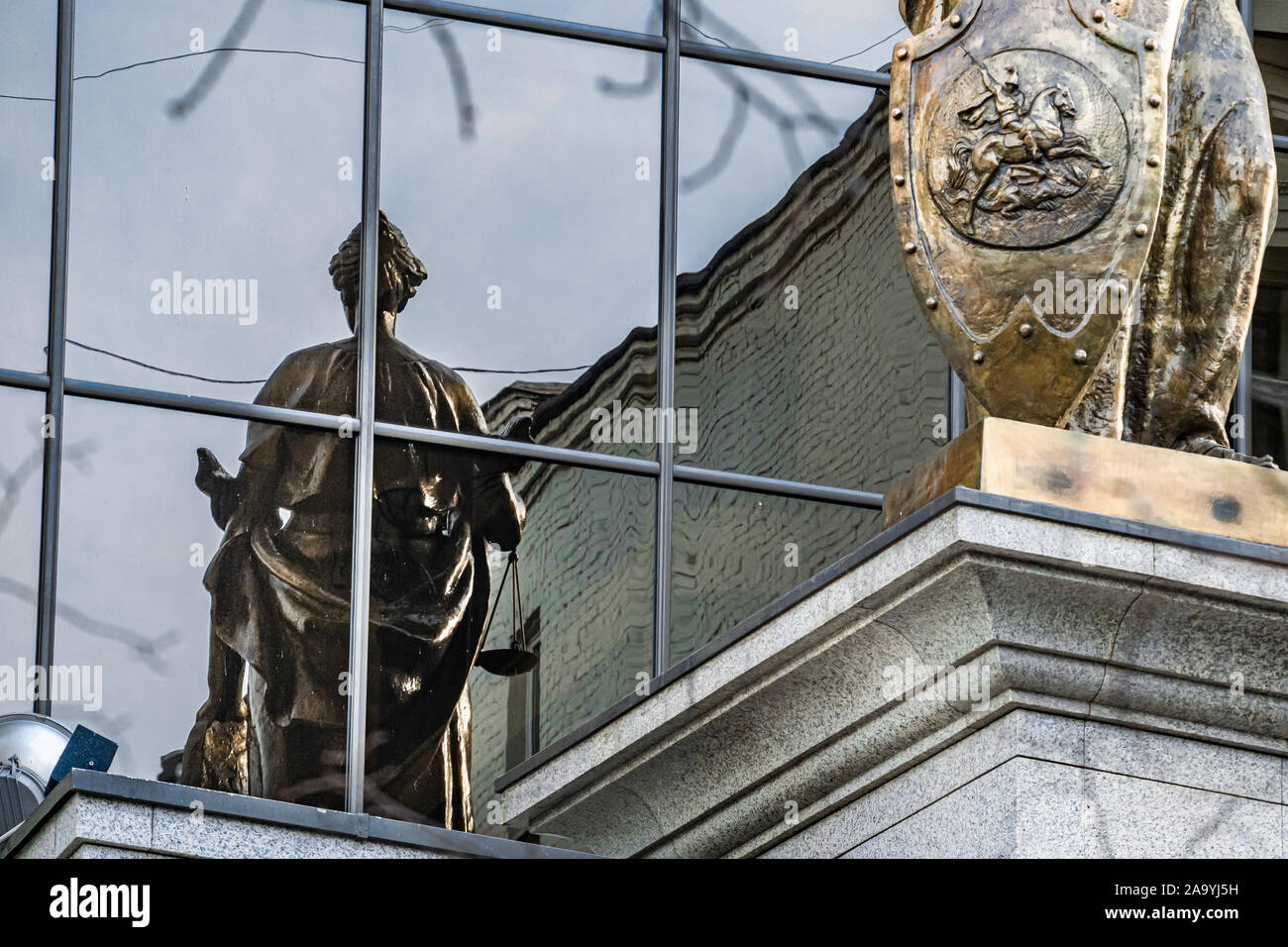 Russia, Moscow. A statue of Themis outside the Russian Supreme Court ...
