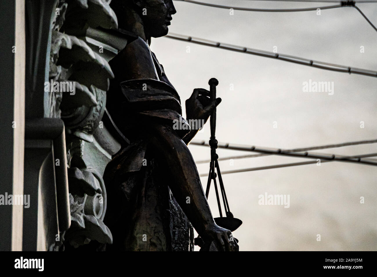 Russia, Moscow. A statue of Themis outside the Russian Supreme Court ...