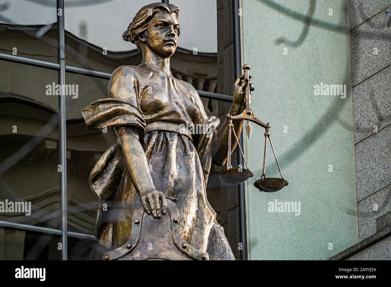 Russia, Moscow. A statue of Themis outside the Russian Supreme Court ...
