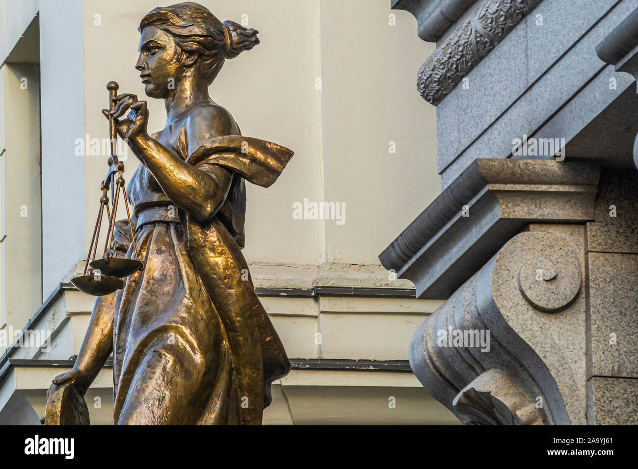 Russia, Moscow. A statue of Themis outside the Russian Supreme Court ...